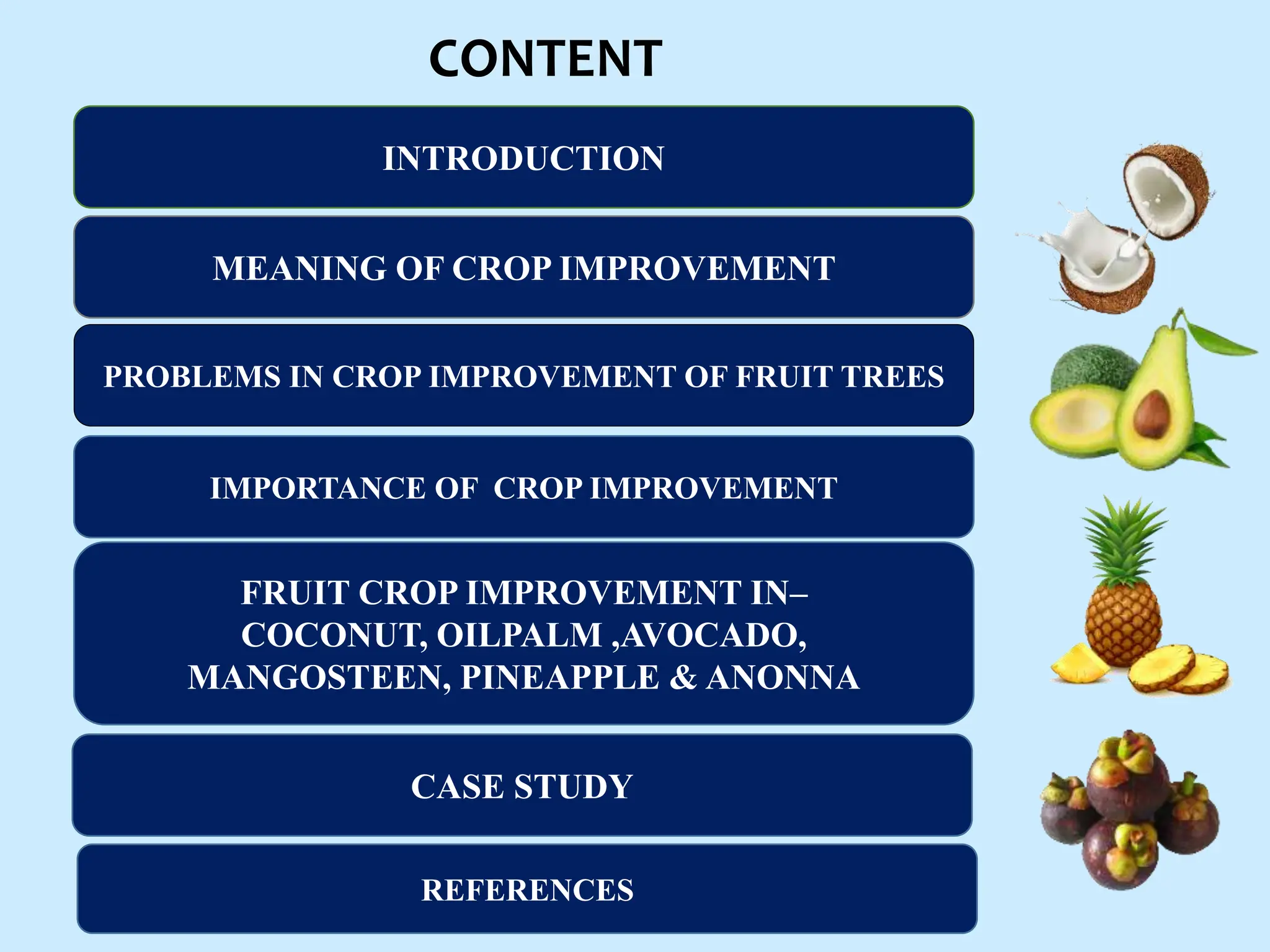 Crop improvement in Coconut, Oilpalm, Avocado, Mangosteen, Pineapple ...