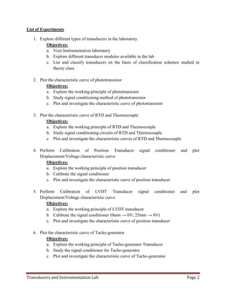 Transducer and instrumentation lab manual | PDF