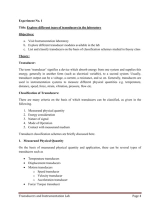 Transducer and instrumentation lab manual | PDF