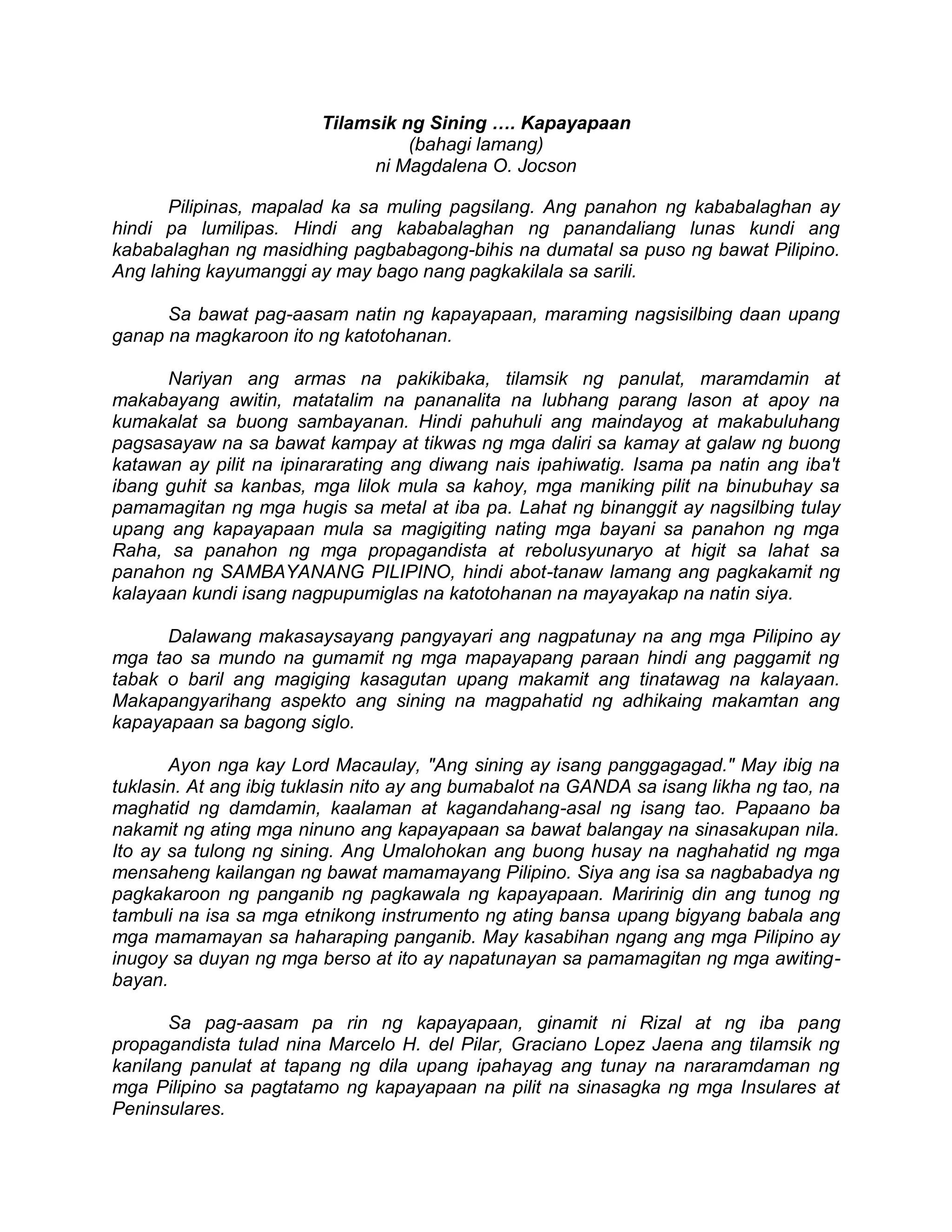 Tilamsik ng sining | DOCX