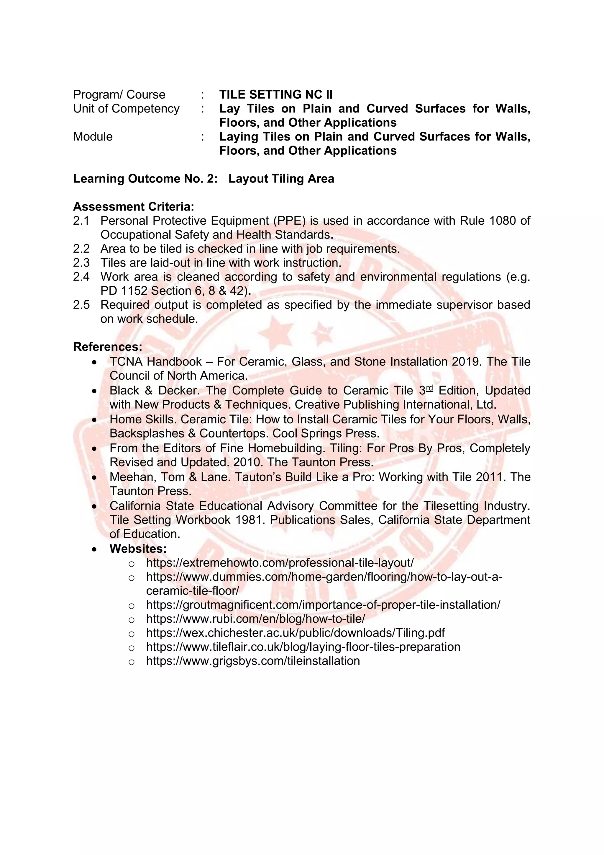 TILE SETTING NC II | PDF