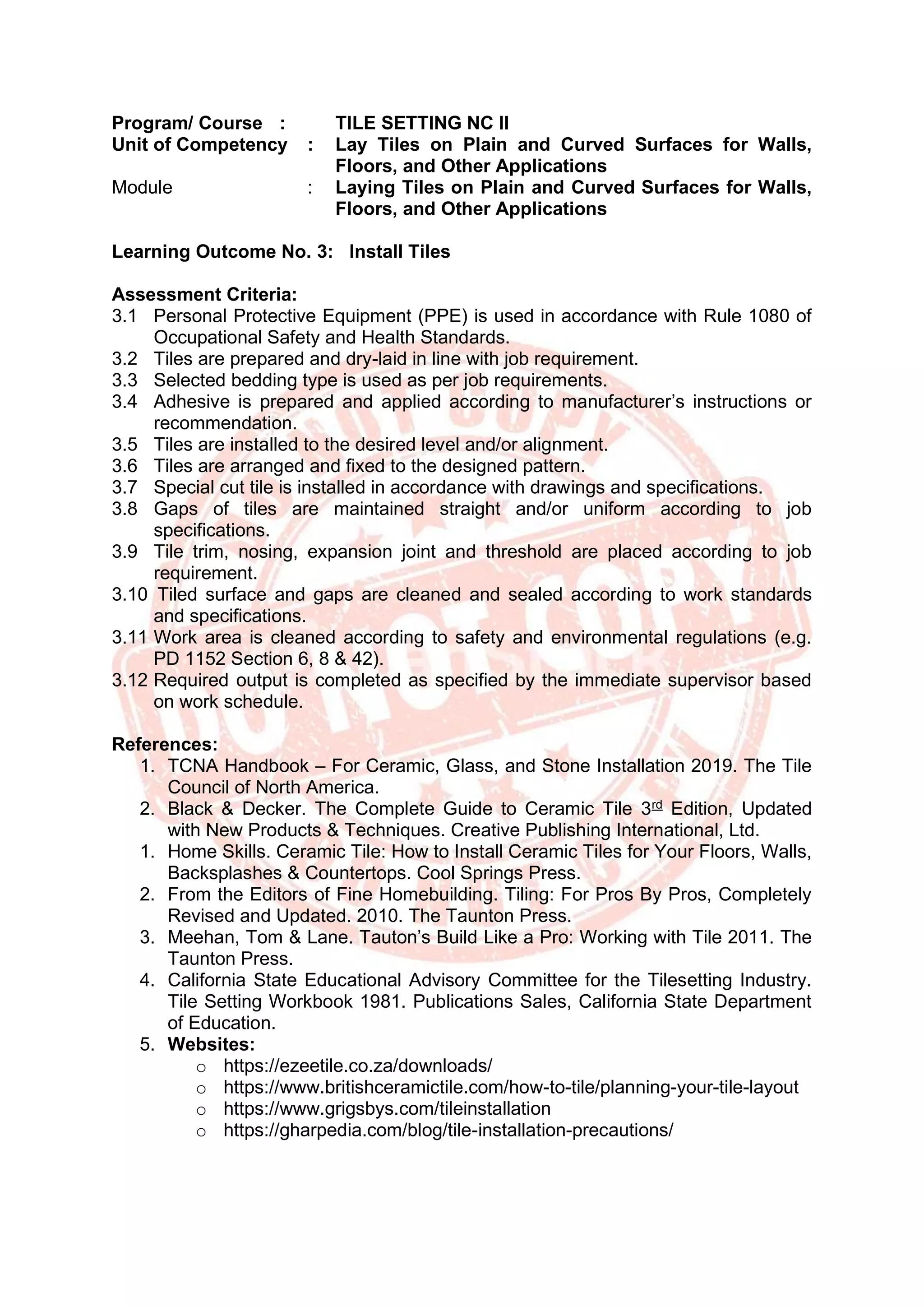TILE SETTING NC II | PDF
