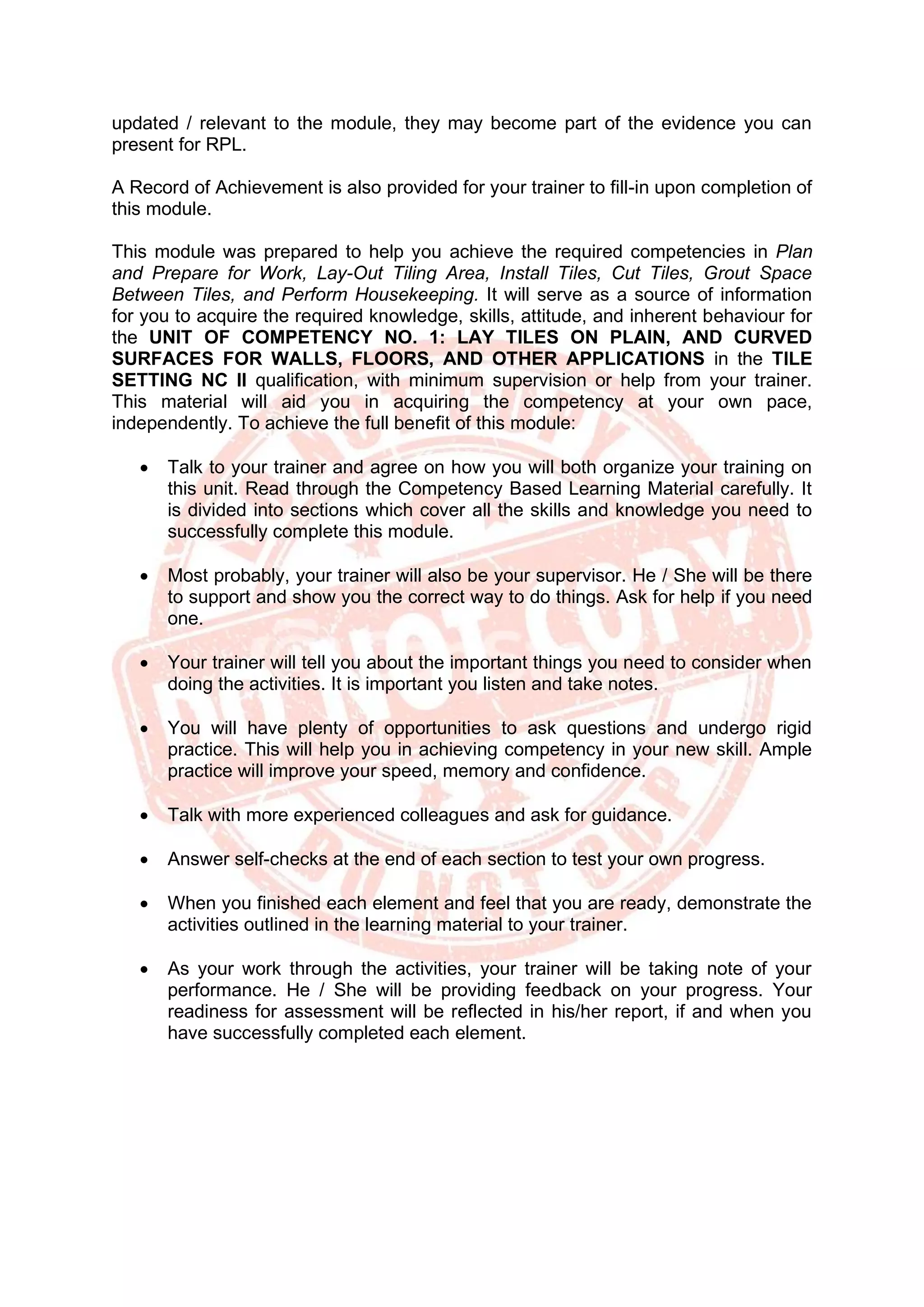 TILE SETTING NC II | PDF