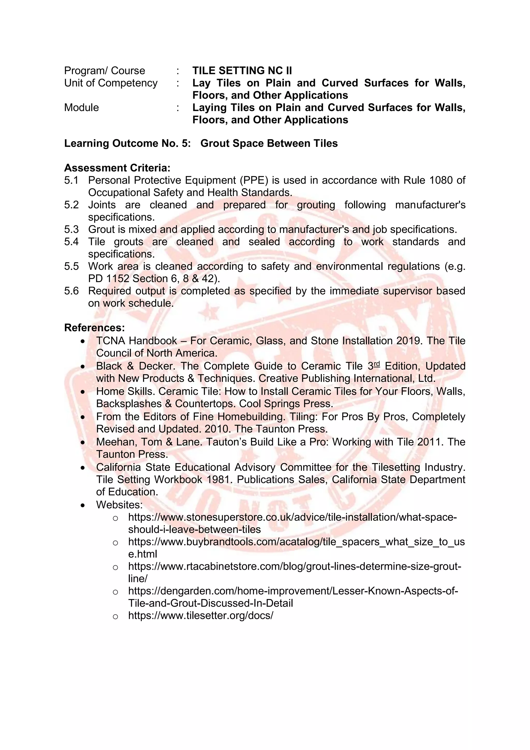 TILE SETTING NC II | PDF