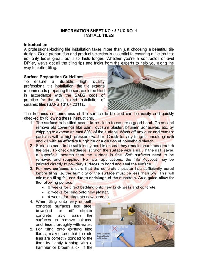 TILE SETTING NC II | PDF | Resume Writing and Advice | Job Search