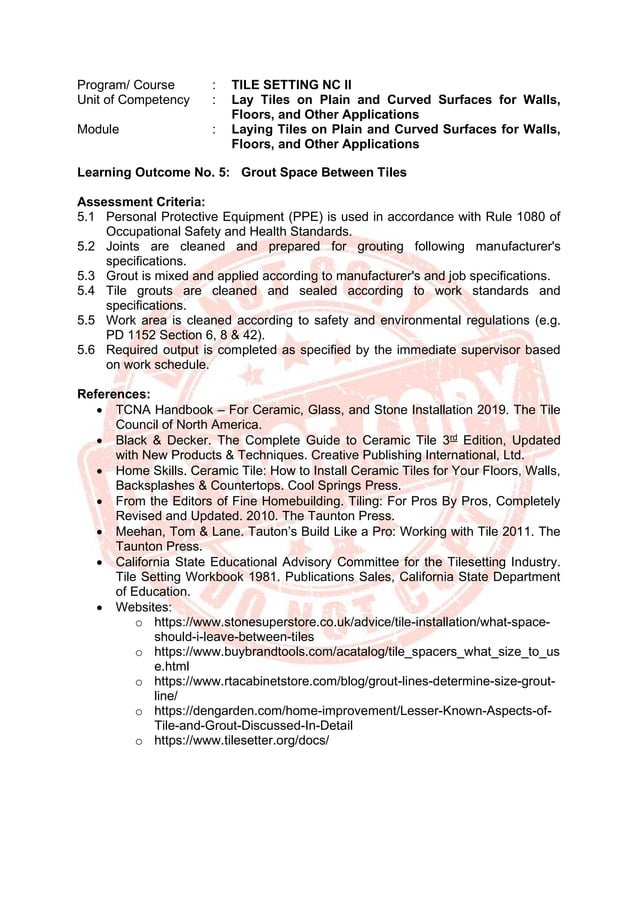 TILE SETTING NC II | PDF