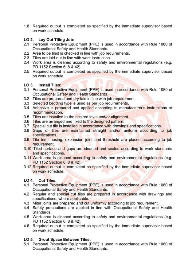 TILE SETTING NC II | PDF | Resume Writing and Advice | Job Search