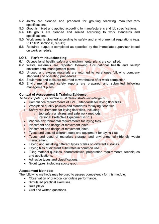 TILE SETTING NC II | PDF | Resume Writing and Advice | Job Search