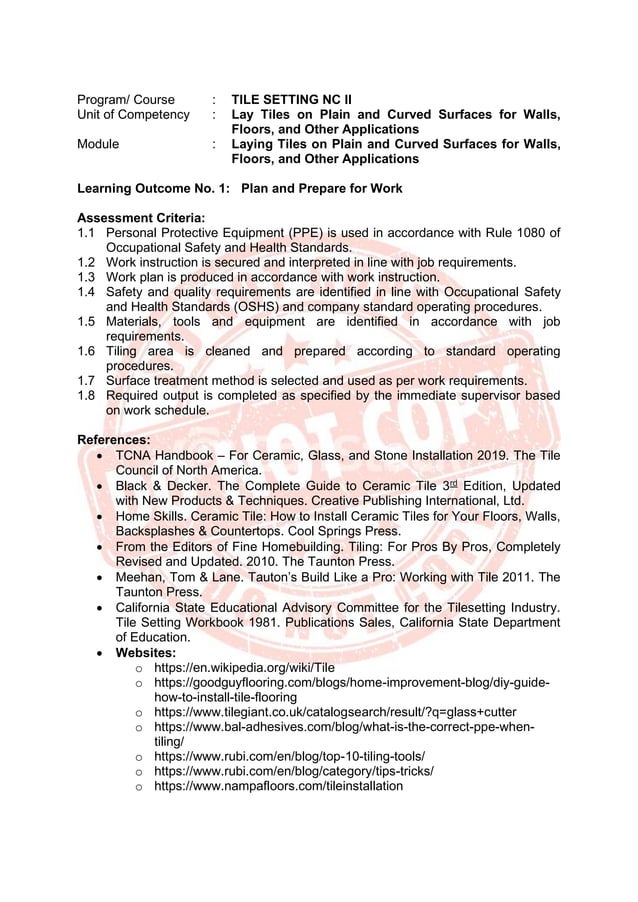 TILE SETTING NC II | PDF