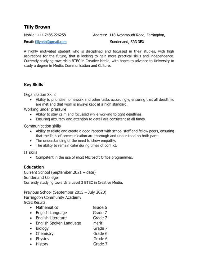 Tilly Brown CV og | PDF