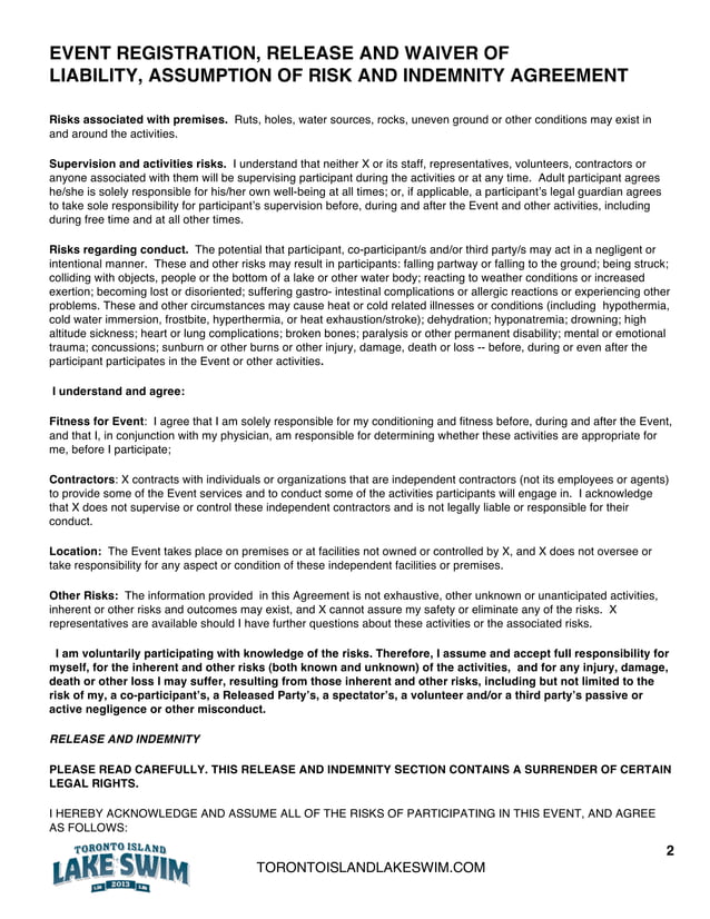 Toronto Island Lake Swim Waiver | PDF