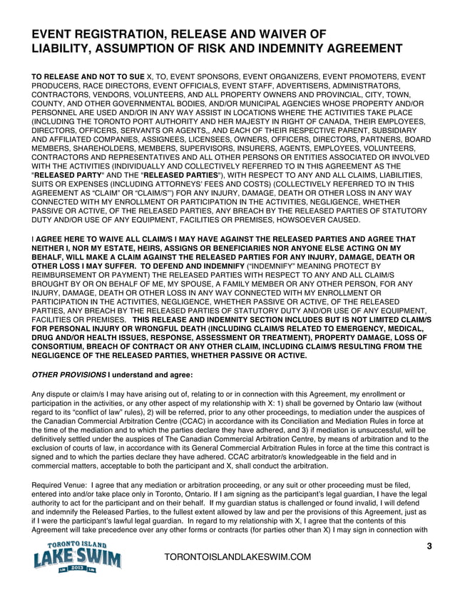 Toronto Island Lake Swim Waiver | PDF