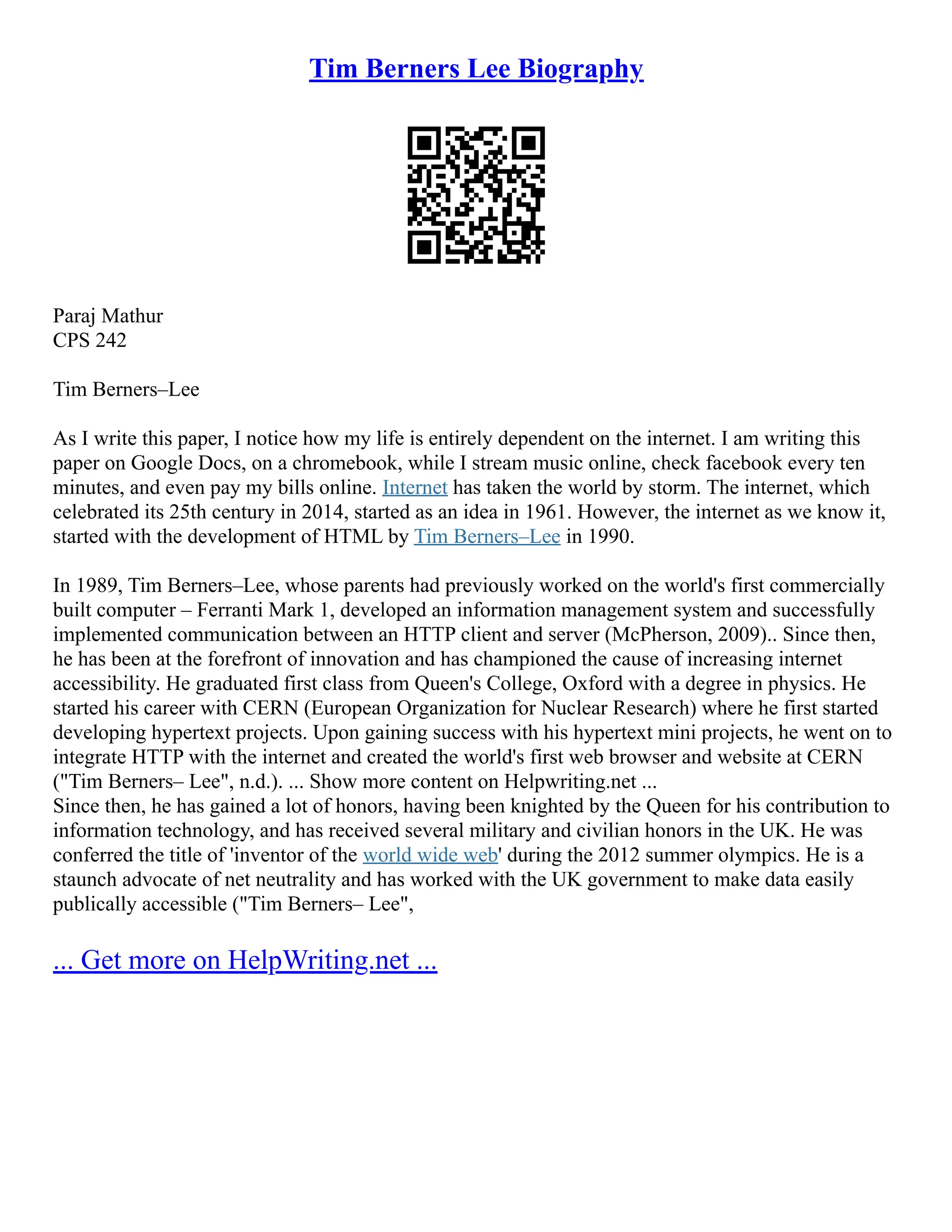 Tim Berners Lee Biography | PDF