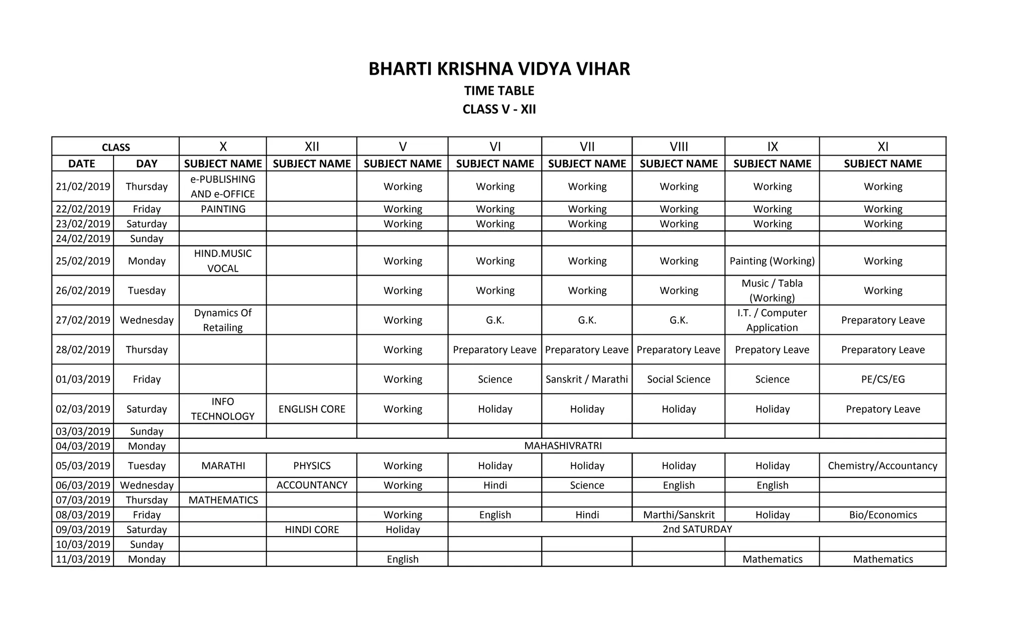 Bharti Krishna Vidya Vihar - Time table | PDF