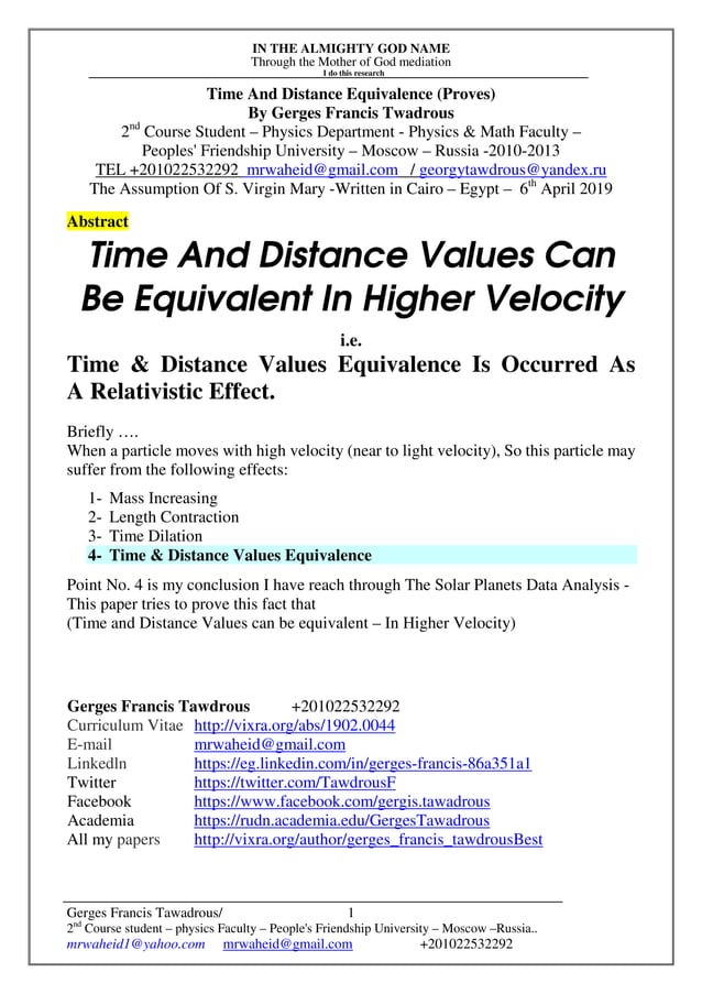 Time and Distance Equivalence (proves) | PDF | Physics | Science