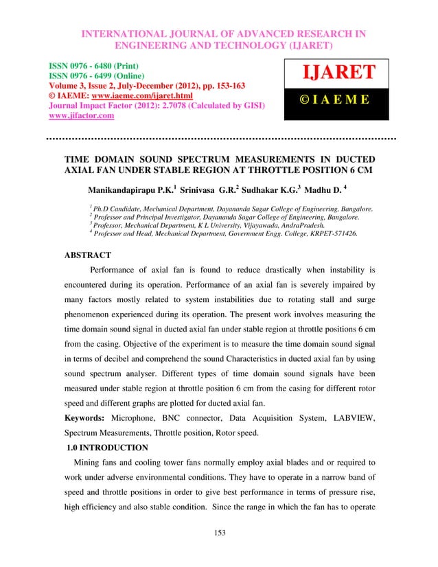 Time domain sound spectrum measurements in ducted axial fan under stable region at throttle ...