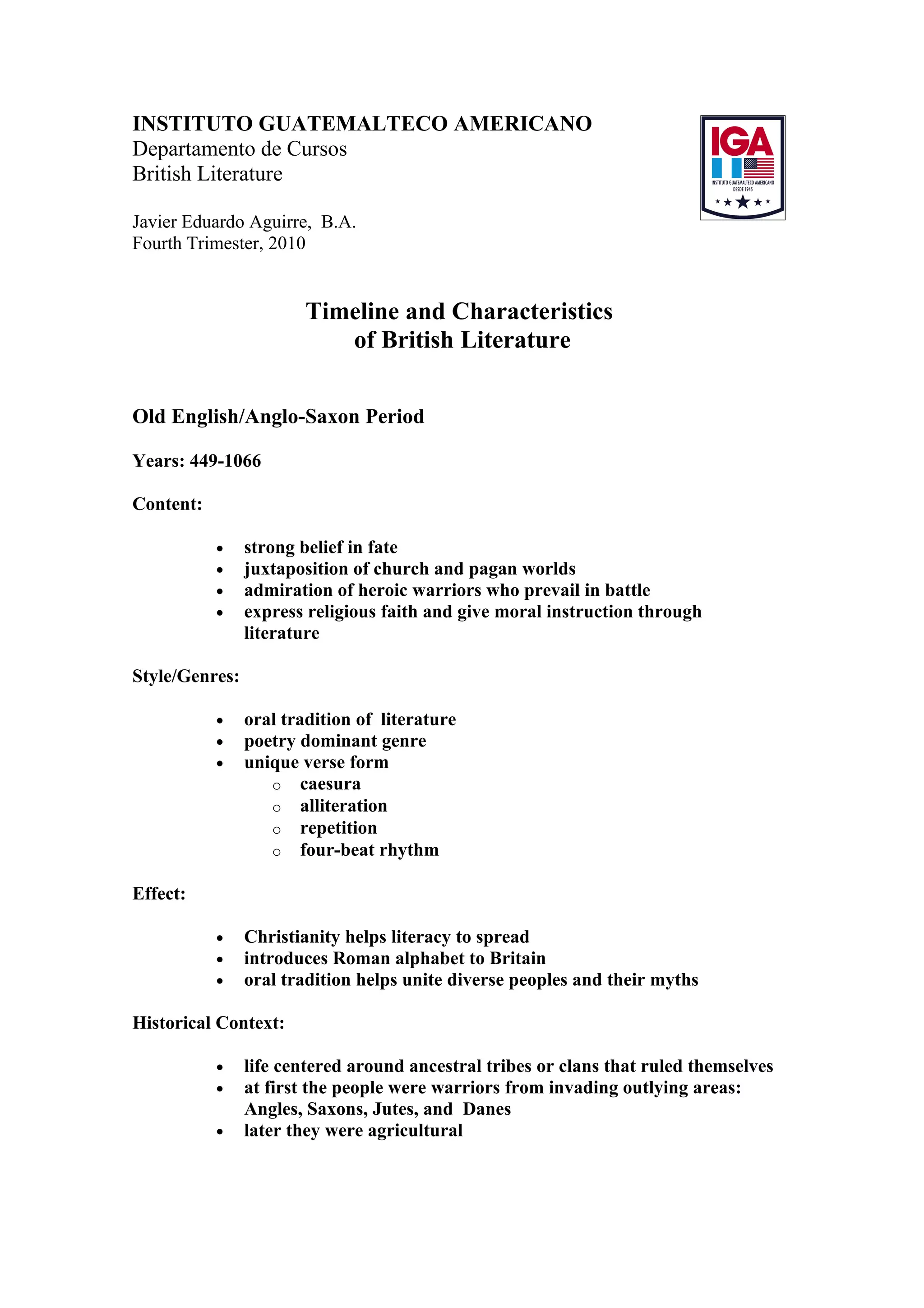 Timeline and Characteristics of British Literature | DOC