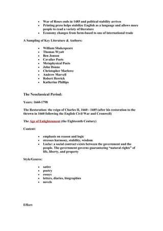 Timeline and Characteristics of British Literature | DOC