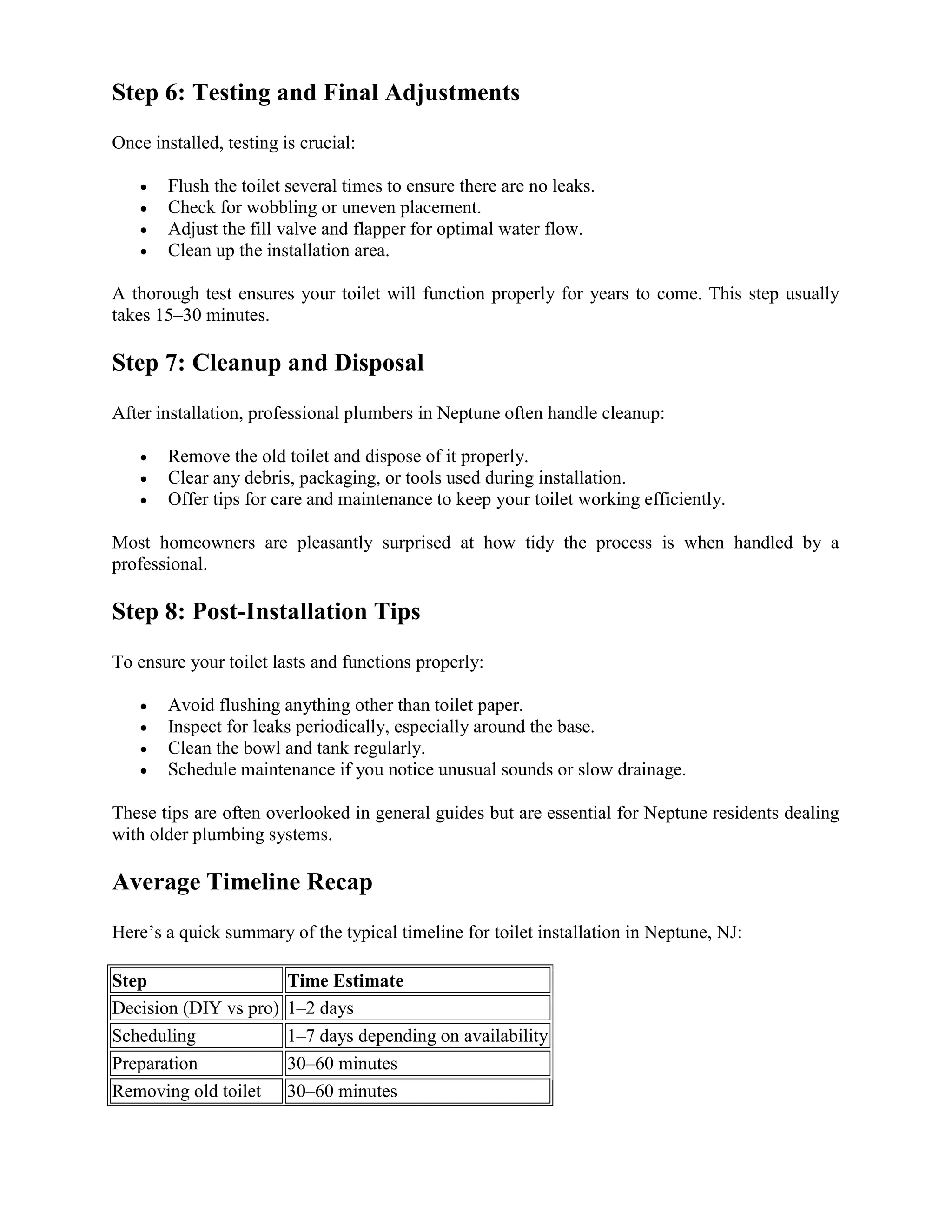Timeline for Toilet Installation in Neptune, NJ-What Happens From Call ...
