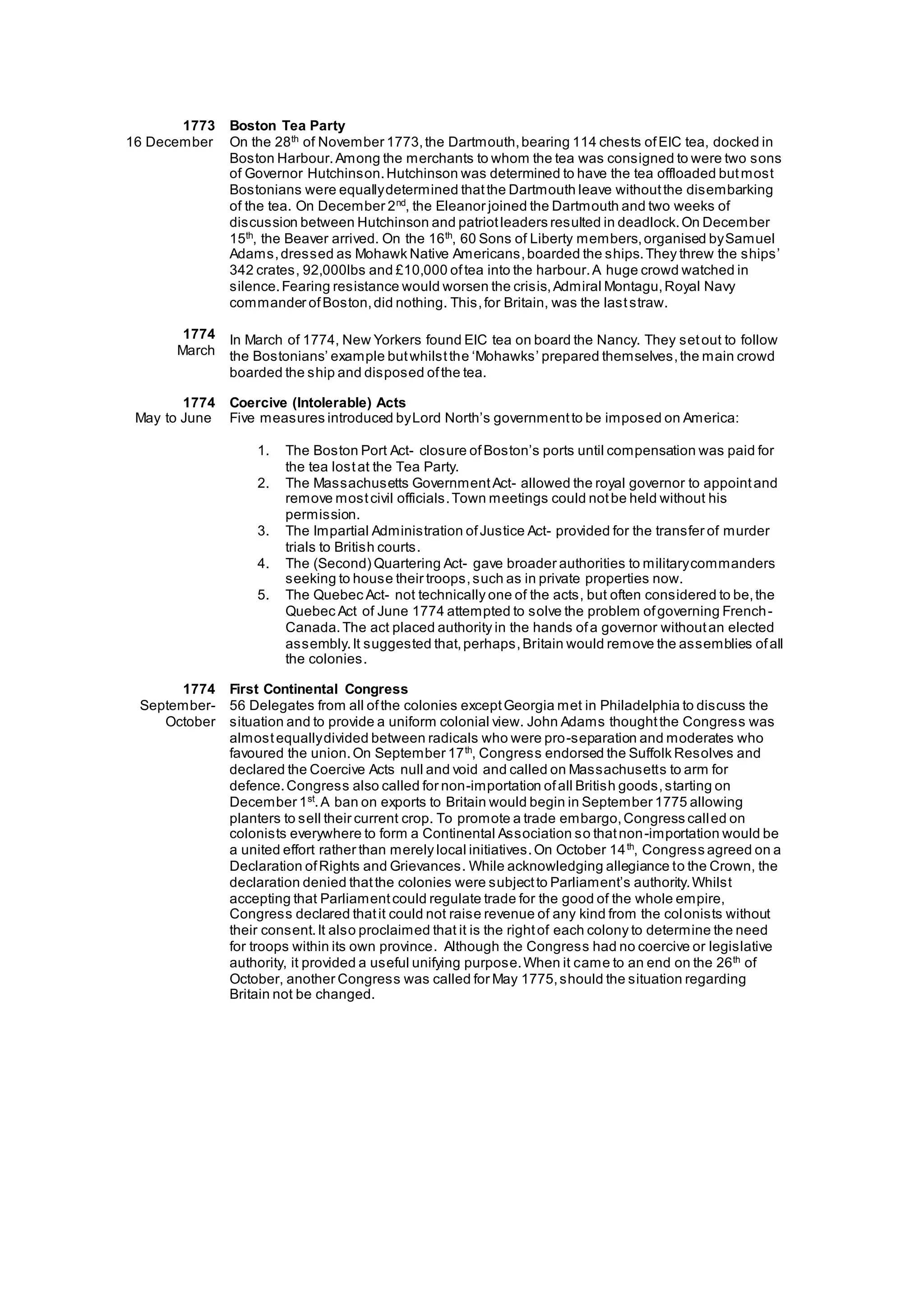 Timeline of the American Colonies and Britain from c.1760 to 1774 | DOCX