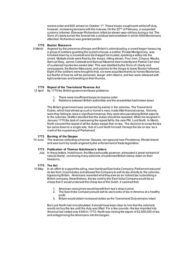 Timeline of the American Colonies and Britain from c.1760 to 1774 | PDF
