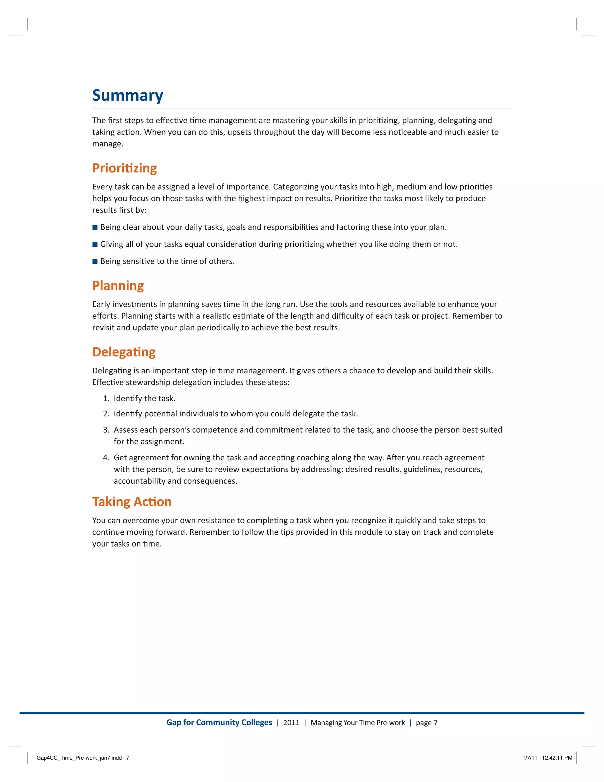 Time Management - Summary and Exercise | PDF | College Planning ...