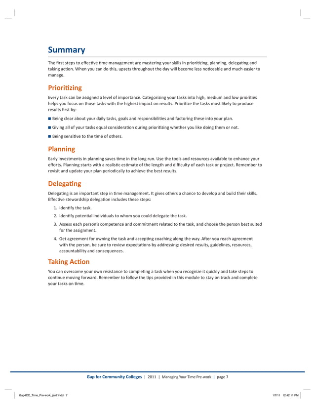 Time Management - Summary and Exercise | PDF | College Planning ...