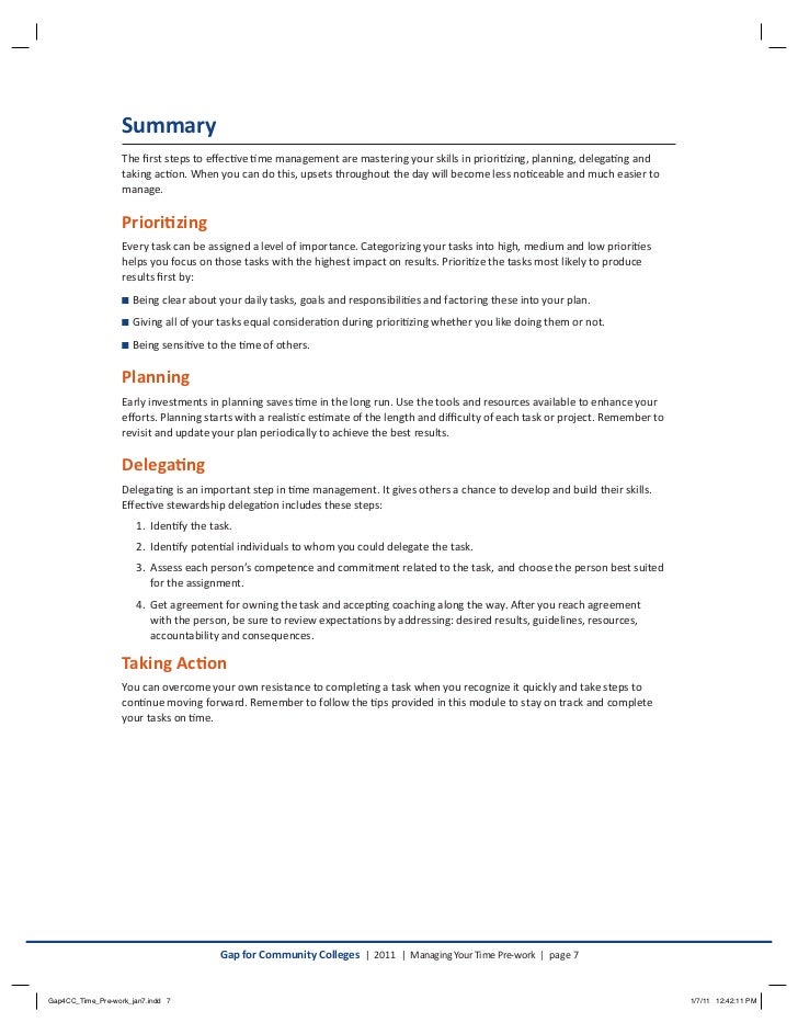 Time Management Summary And Exercise Time Management Summary And Exercise
