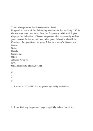 Time Management Self-Assessment ToolRespond to each of the | PDF