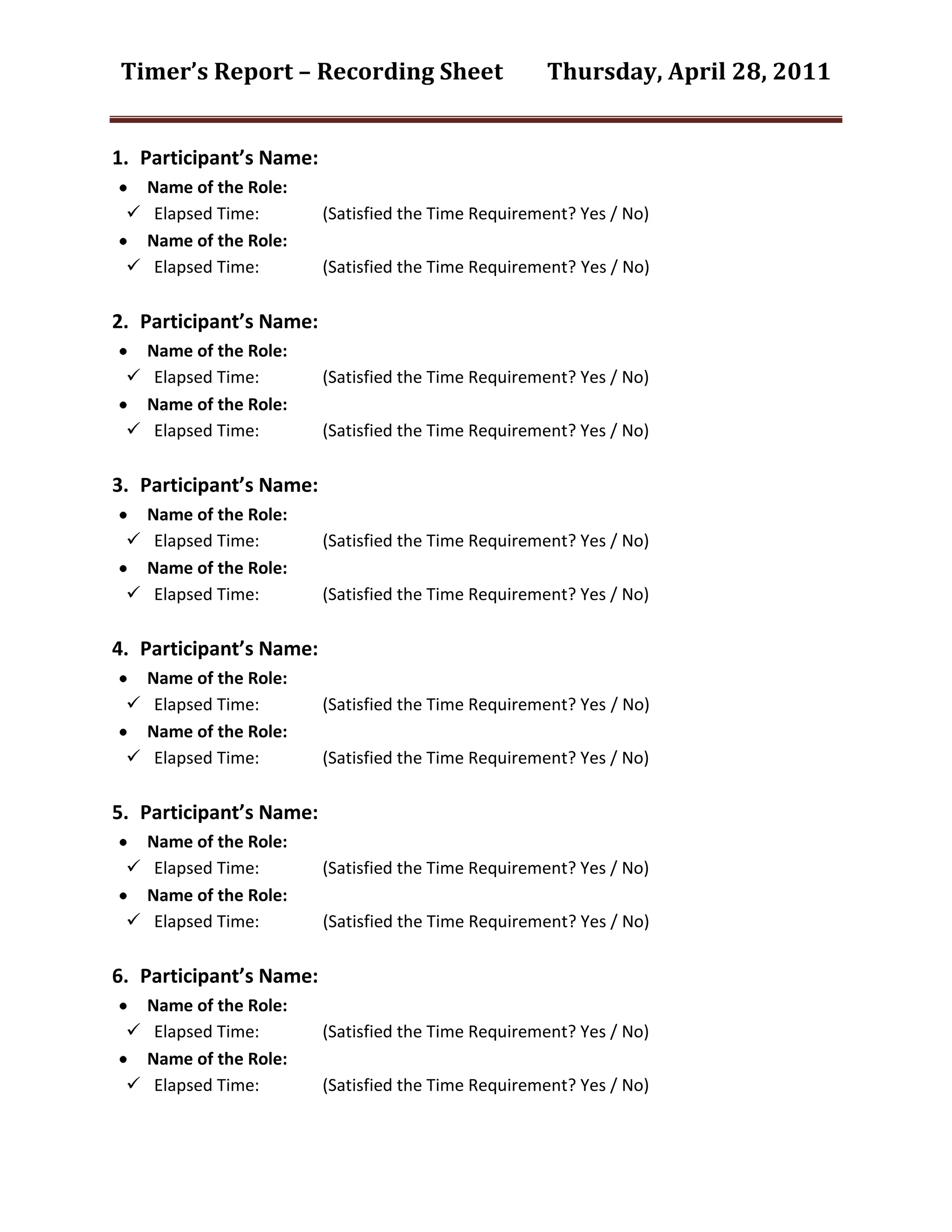 Timer's Report Sheet | DOCX