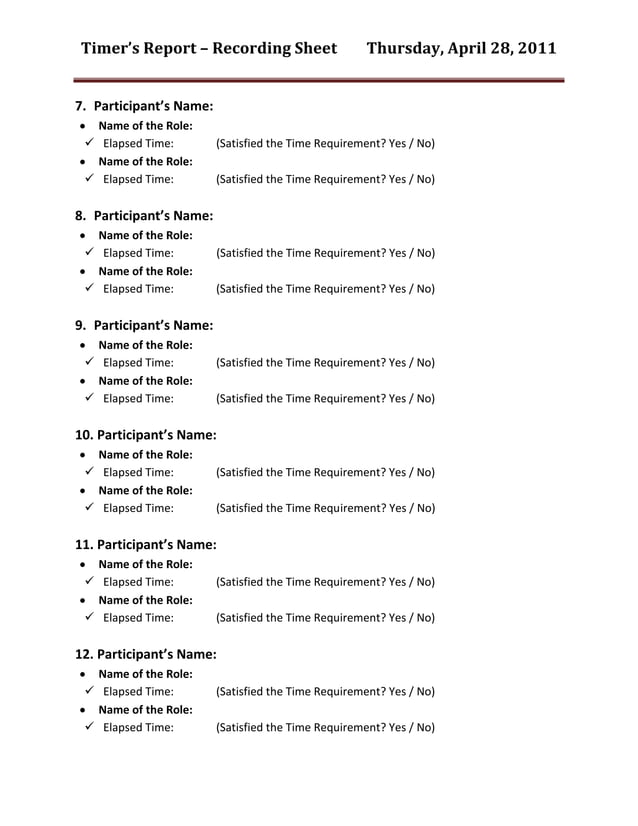 Timer's Report Sheet | DOCX