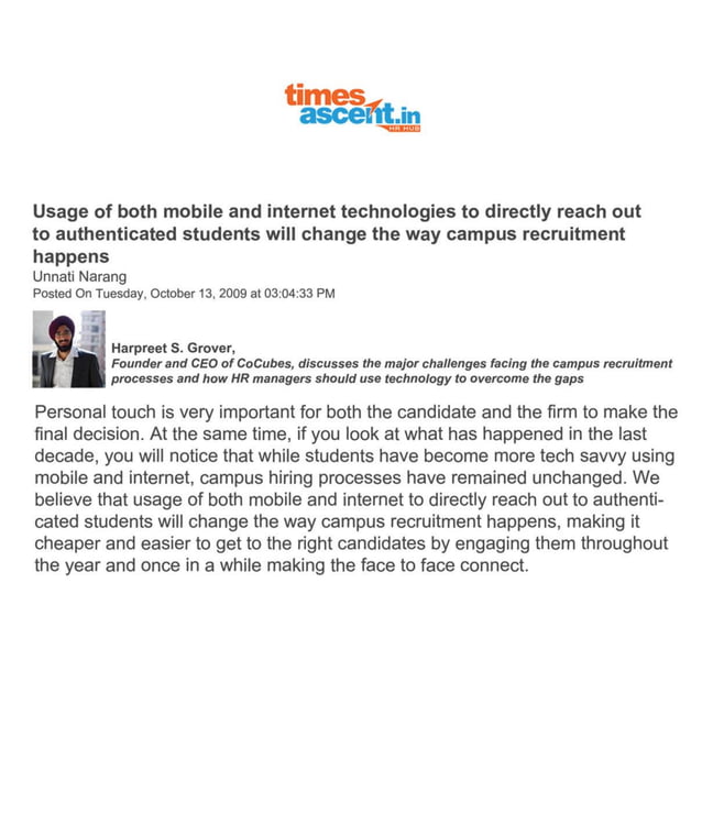 CoCubes featured on Times Ascent | PDF