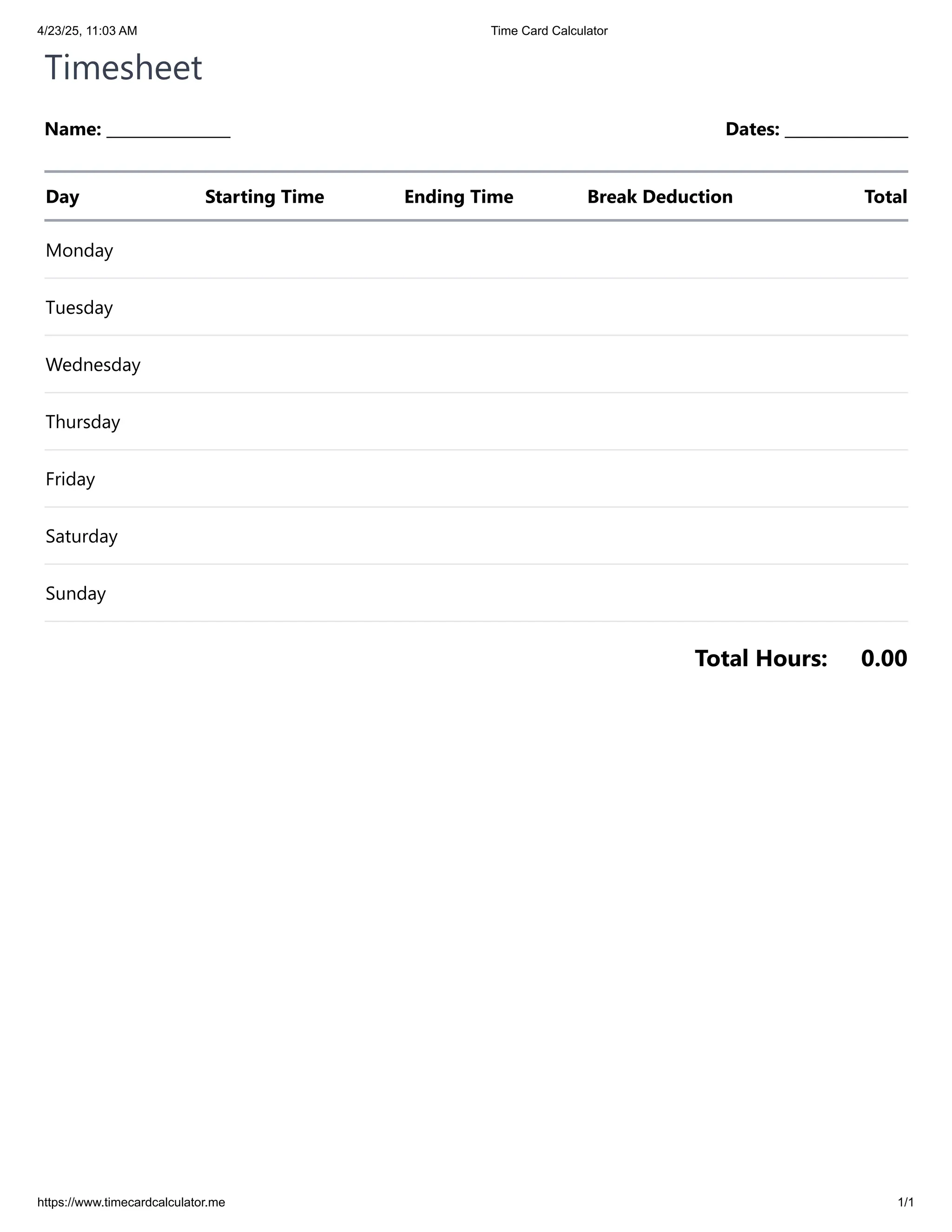 time sheet/ time card weekly template for working hours calculation | PDF