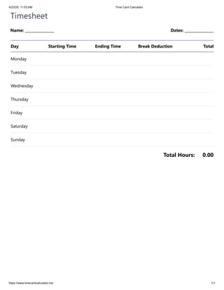 time sheet/ time card weekly template for working hours calculation | PDF