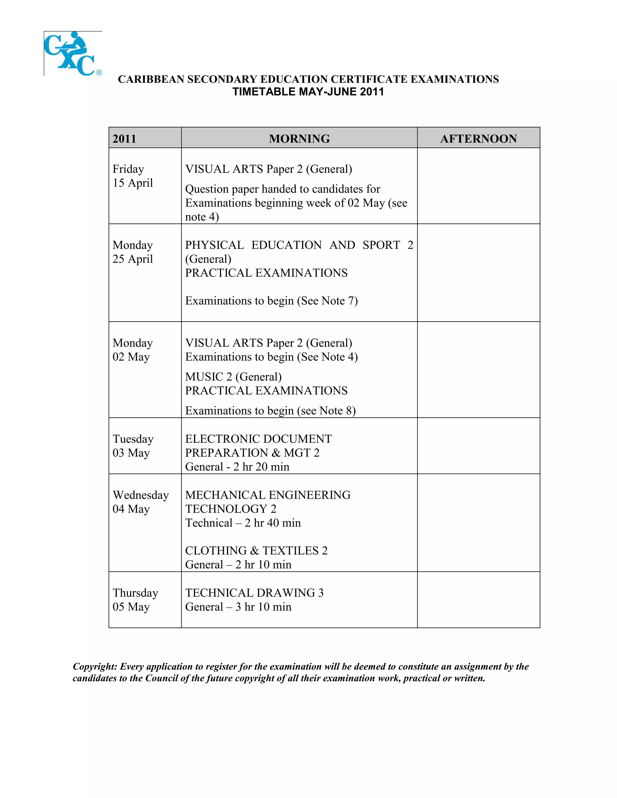 Timetable csec 2011 may-jun final a4 3 january 2011 | PDF | Educational ...
