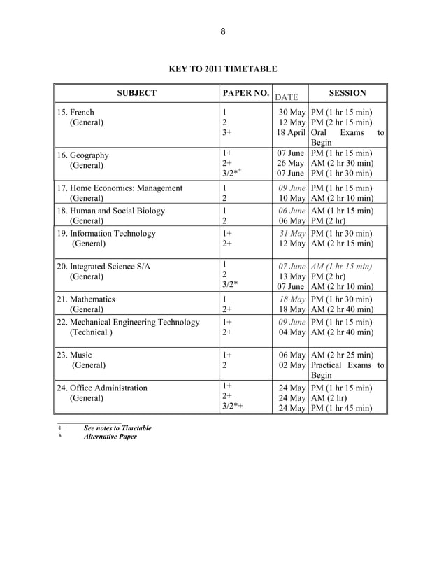 Timetable csec 2011 may-jun final a4 3 january 2011 | PDF | Educational ...