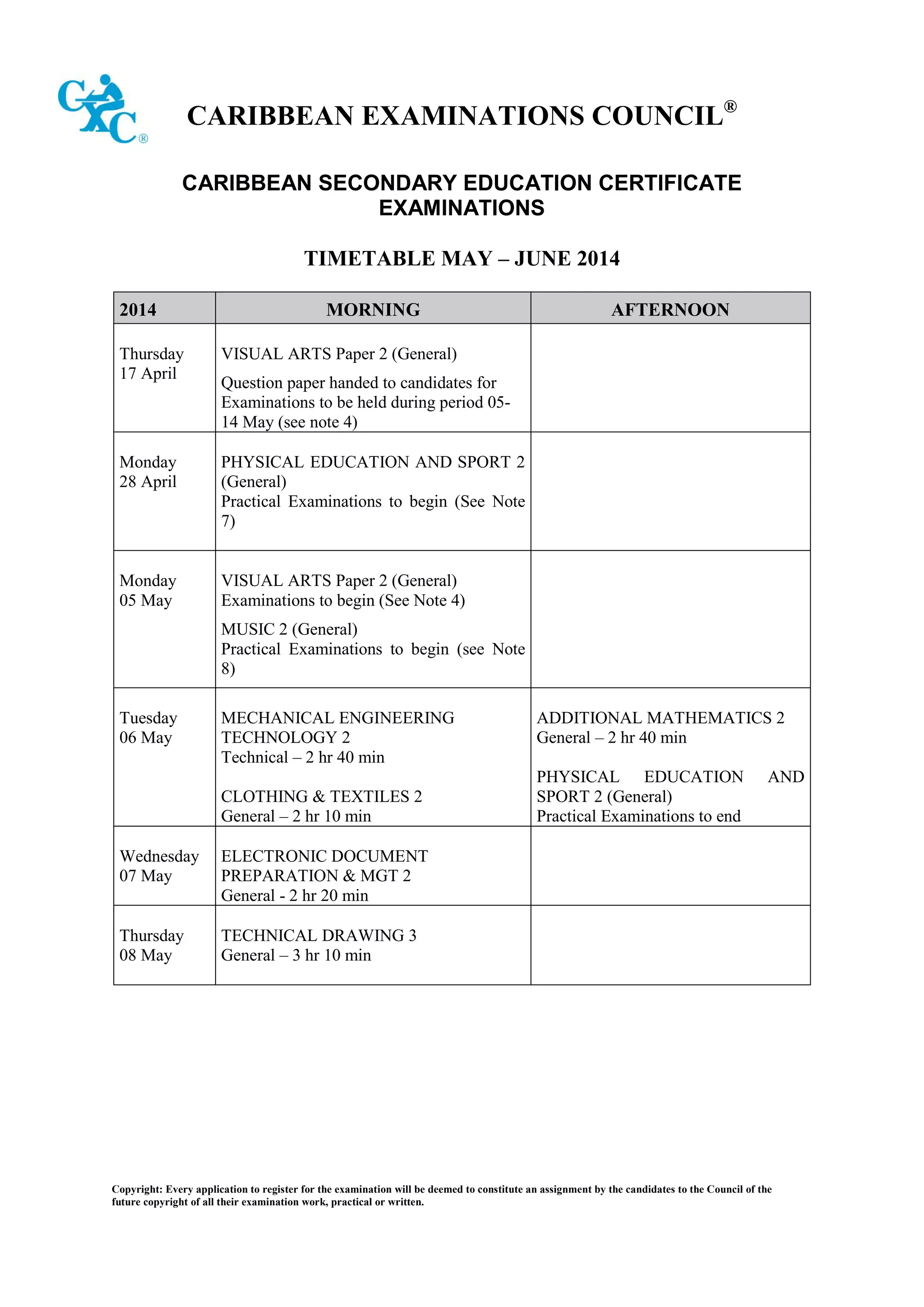 Timetable CSEC may-jun 2014 | PDF