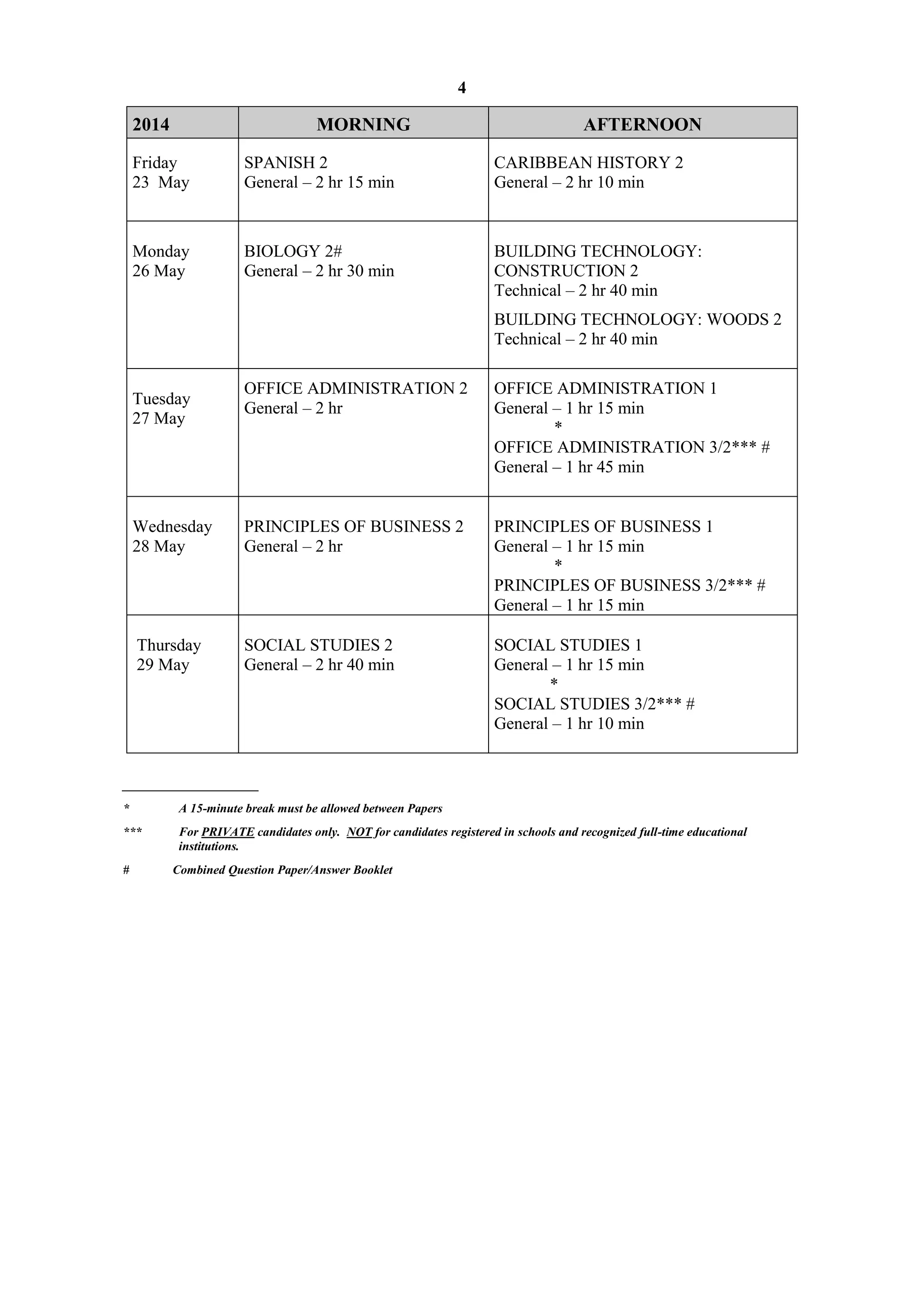 Timetable CSEC may-jun 2014 | PDF