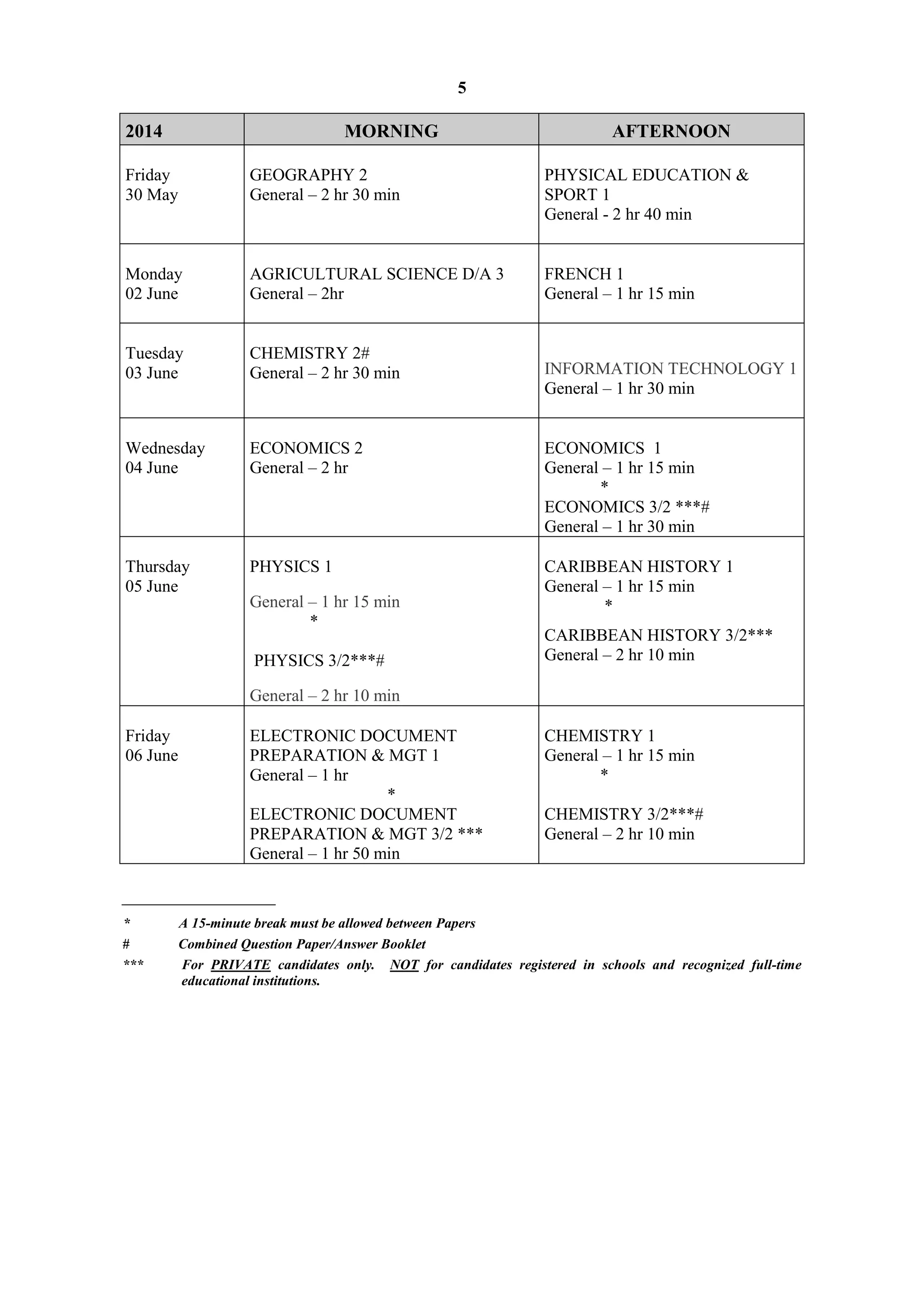 Timetable CSEC may-jun 2014 | PDF
