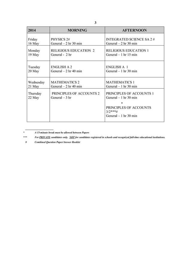 Timetable CSEC may-jun 2014 | PDF