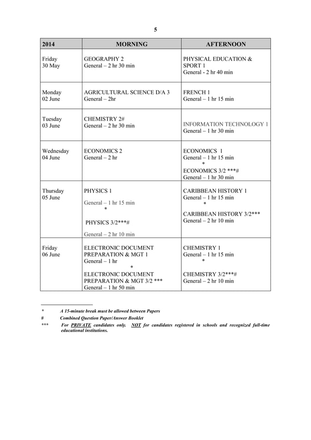 Timetable CSEC may-jun 2014 | PDF