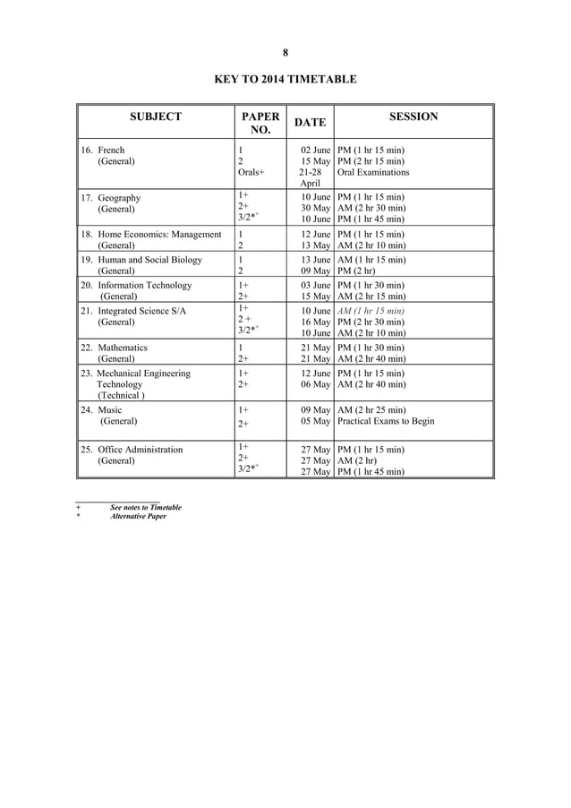 Timetable CSEC may-jun 2014 | PDF