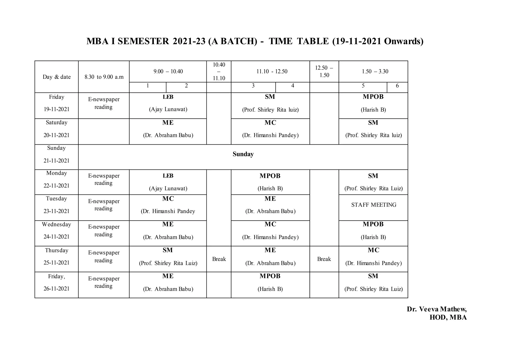 Time table mba i semester a batch (2021- 23)- revised time table from ...