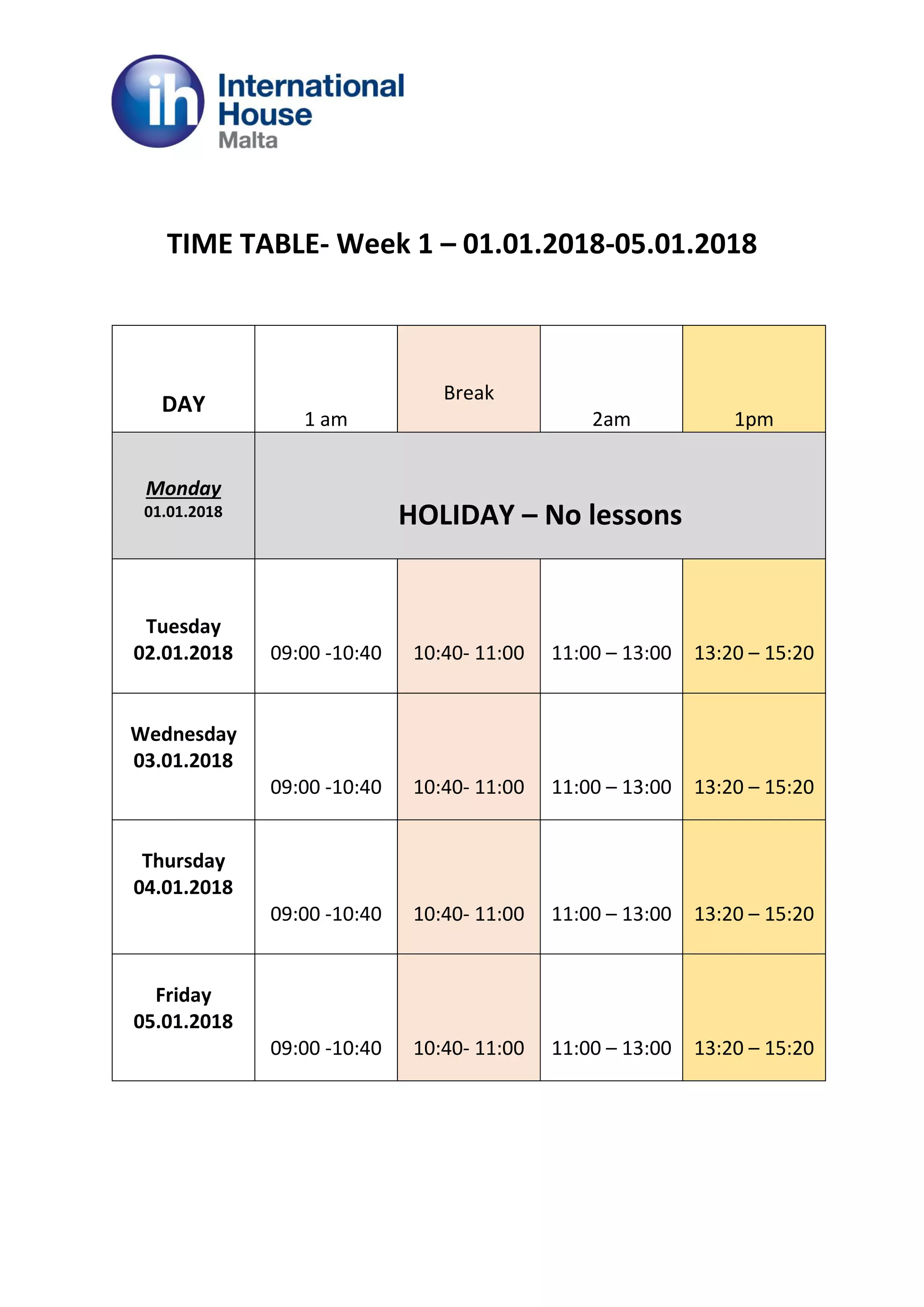 Time table week 1 | PDF