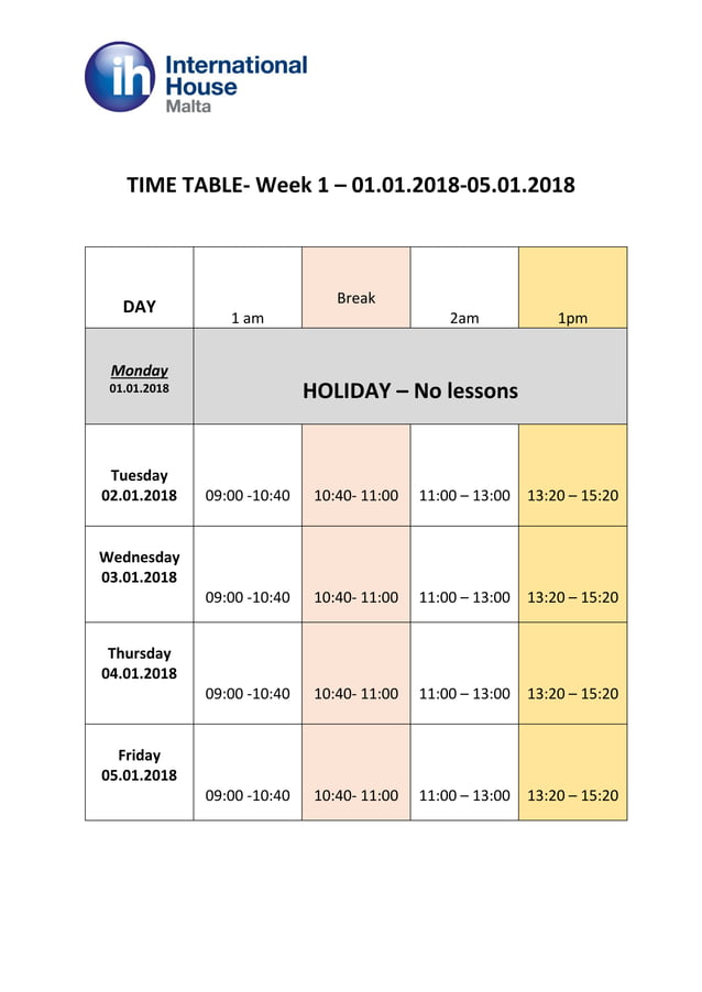 Time table week 1 | PDF