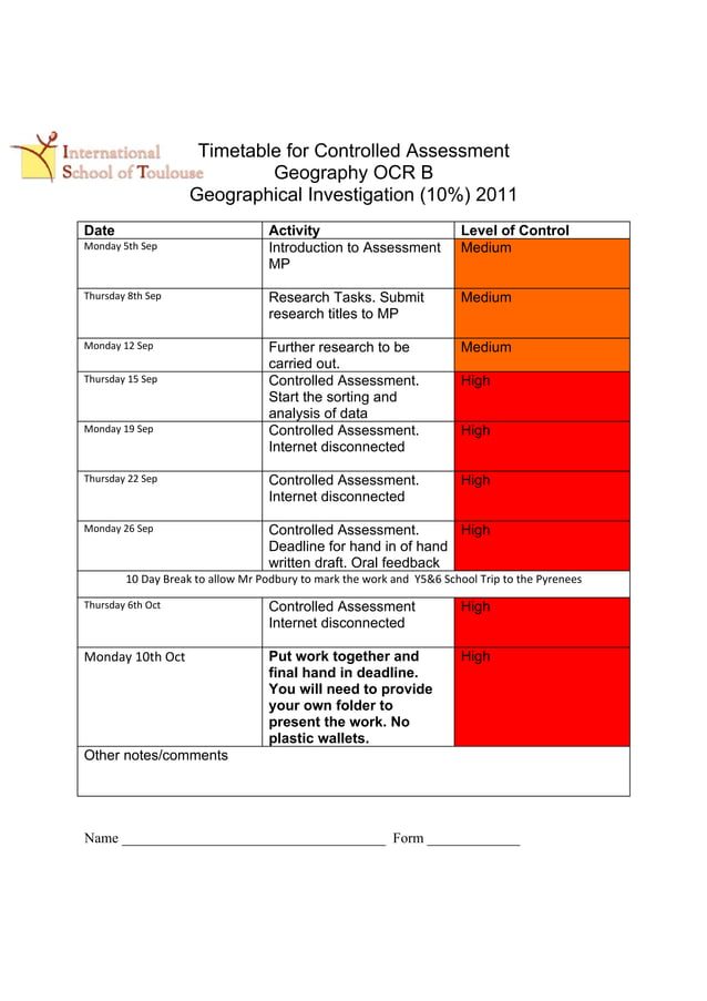 Timetable for controlled assessment Y10 | DOC