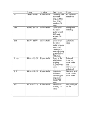 Time table for music vid | PDF