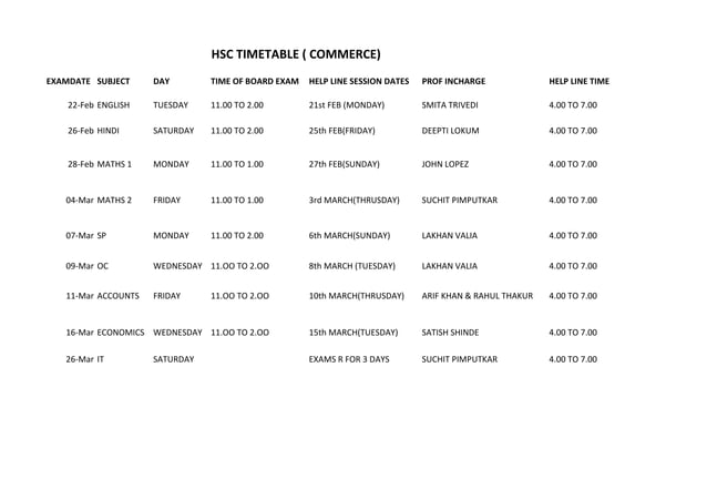 Timetable for Online help for HSC Commerce | PDF