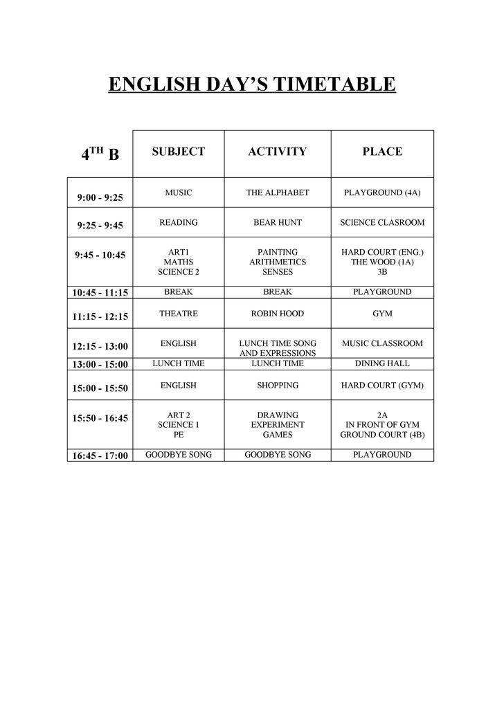 Timetables English day