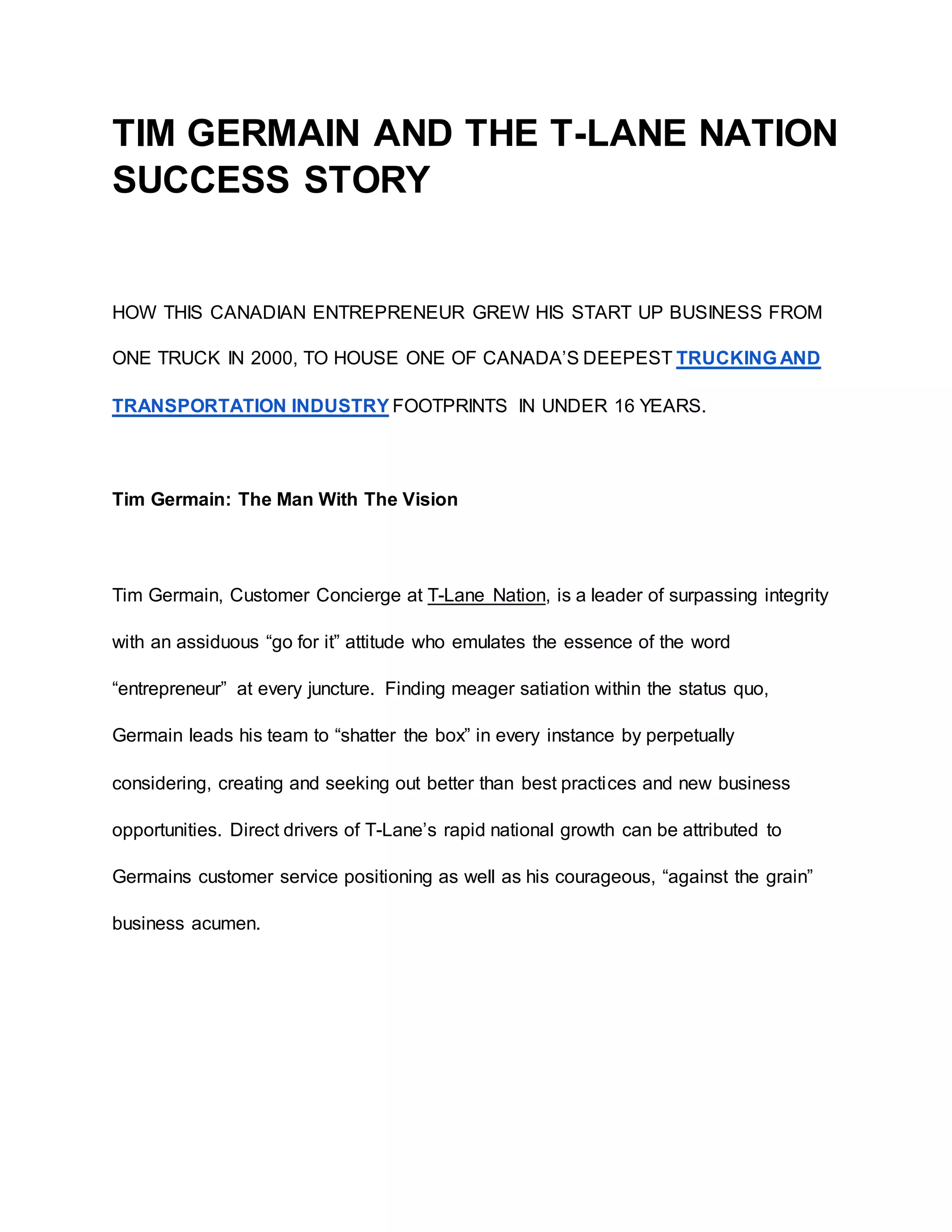 Tim germain and the t-lane nation success story | DOCX